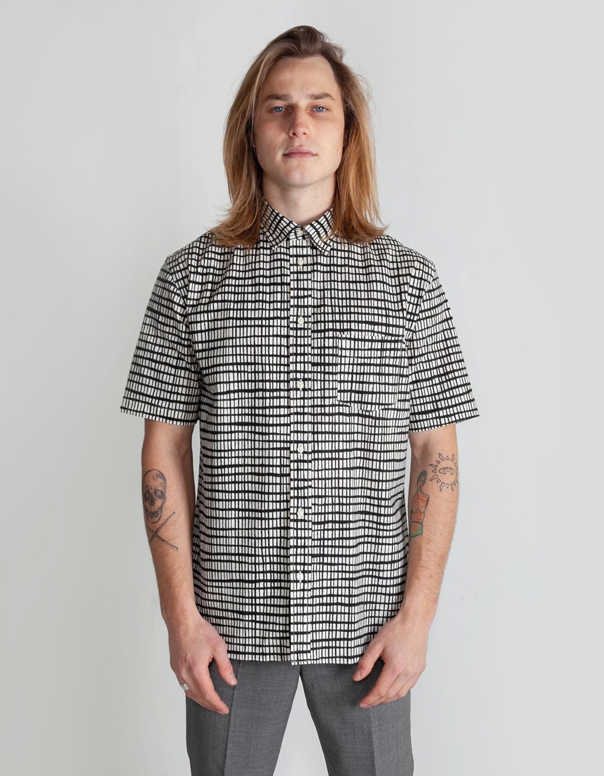 National Standards Japanese Grid Print Shirt - Off White/Black | Garmentory
