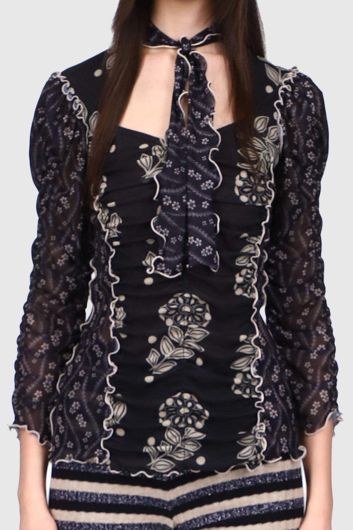 Anna Sui Pop Flowers & Poises Ruffled Mesh Top - Black Multi | Garmentory