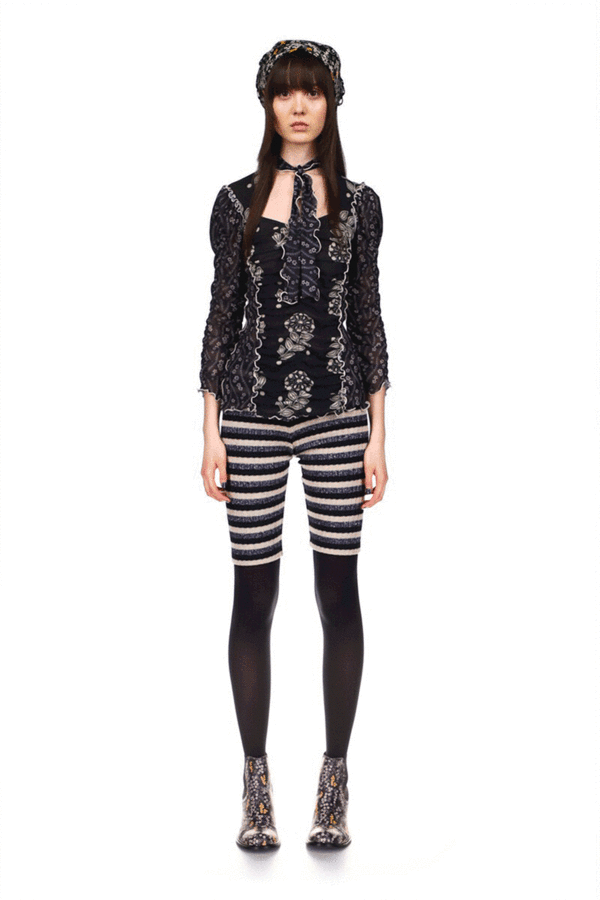 Anna Sui Pop Flowers & Poises Ruffled Mesh Top - Black Multi | Garmentory