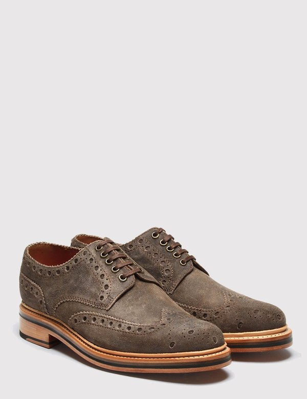 Grenson Archie Brogue Suede Shoes - Dark Brown | Garmentory