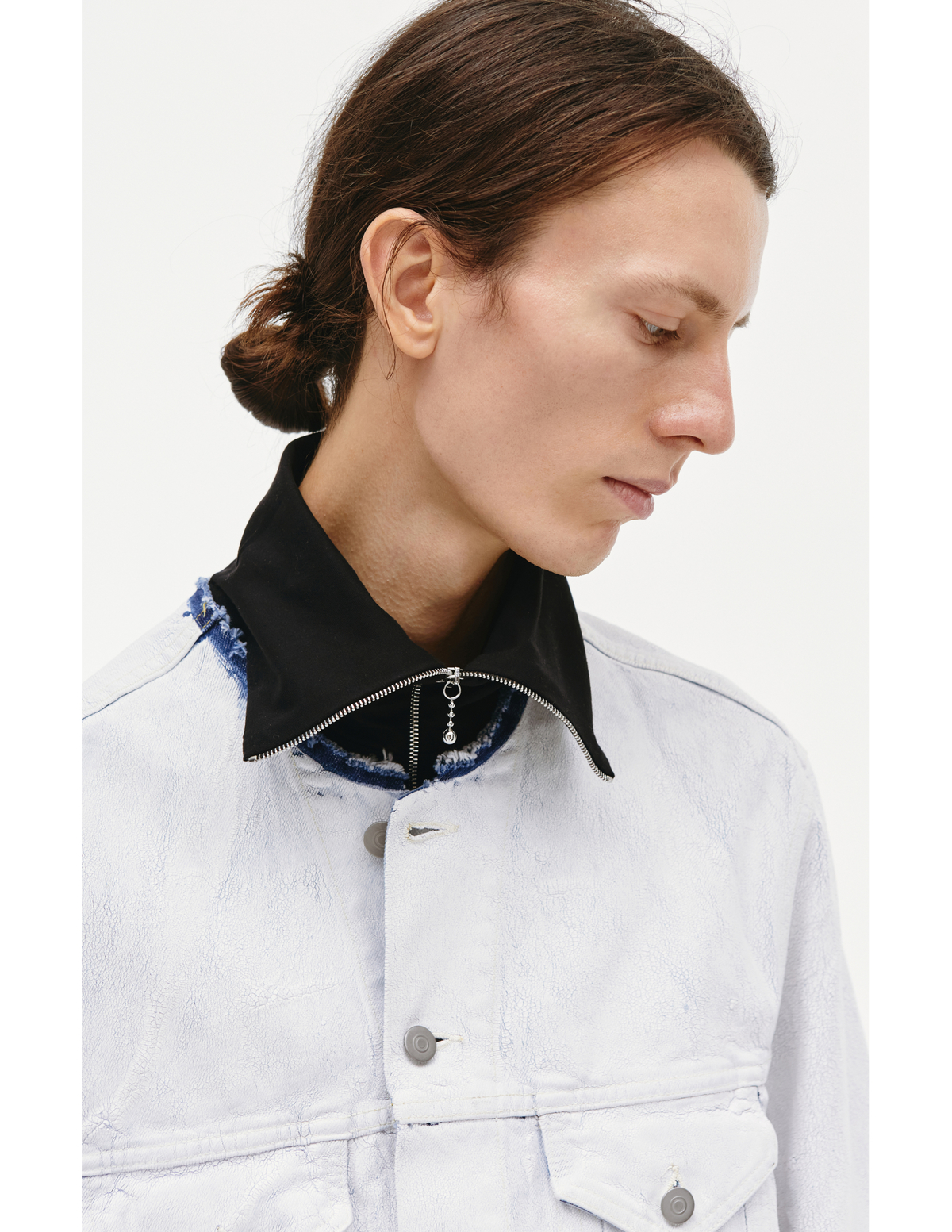 Maison Margiela Cracked Paint Collarless Denim Jacket | Garmentory