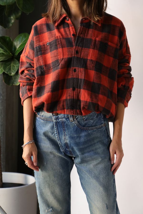 R13 Gathered Hem Work Shirt - Red Buffalo Plaid | Garmentory
