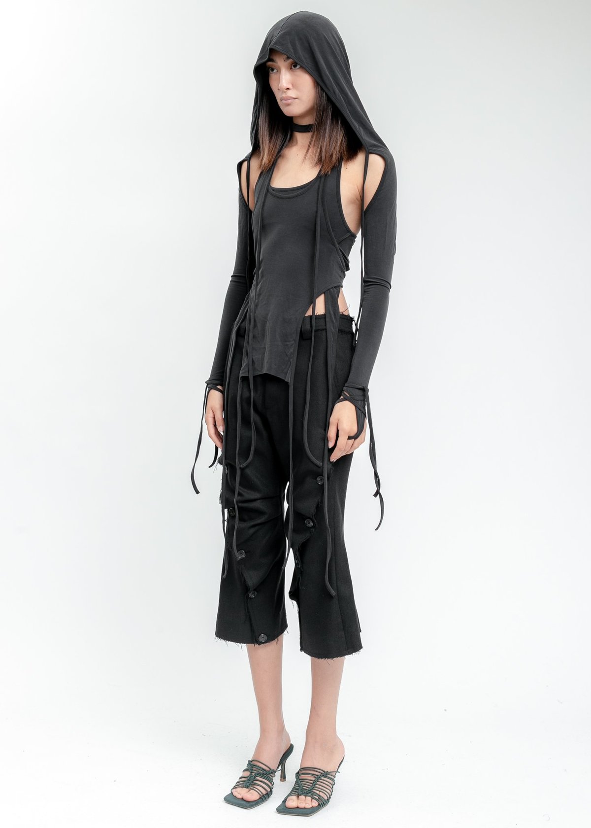 Hyein Seo Layered Halter Top With Hooded Sleeve - Black | Garmentory