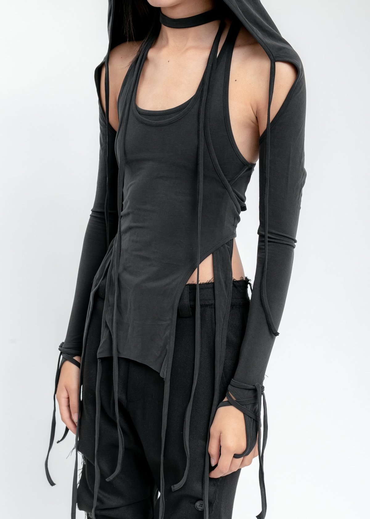 Hyein Seo Layered Halter Top With Hooded Sleeve - Black | Garmentory