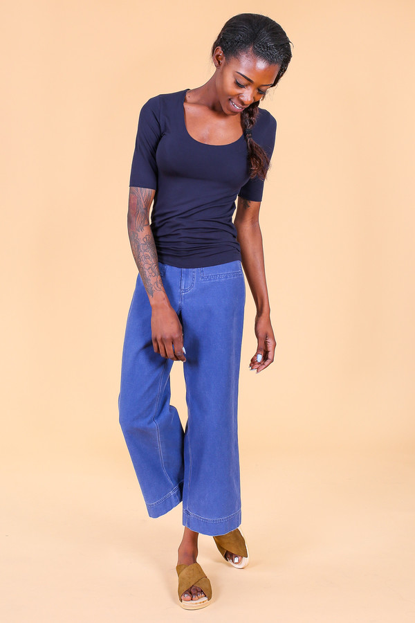 Majestic Marrow Edge Scoop Neck Elbow Sleeve Tee in Marine | Garmentory