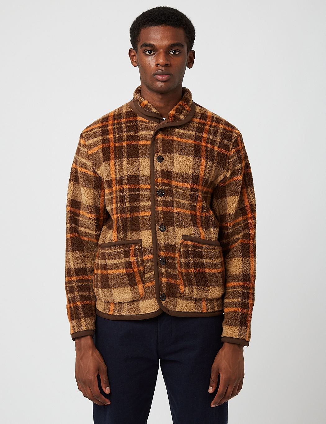 Universal Works Lancaster Jacket (Check Sherpa Fleece) - Brown | Garmentory