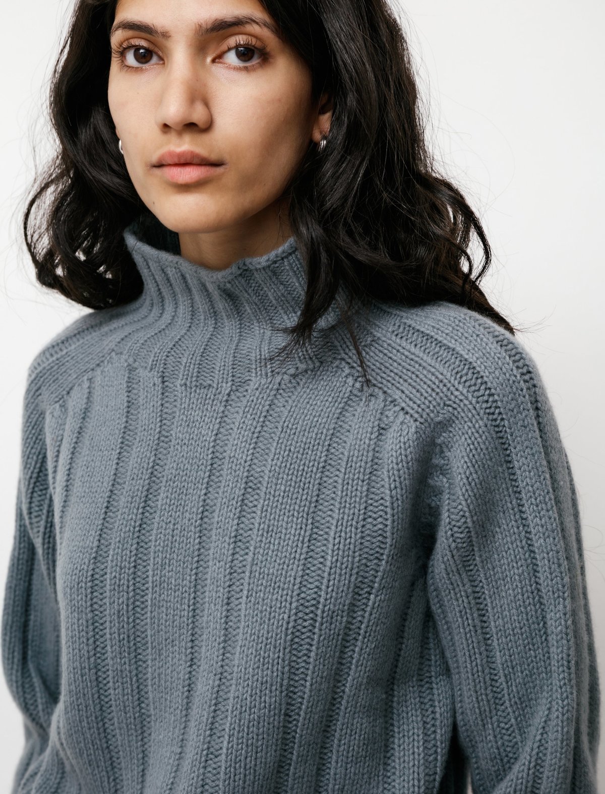 Margaret Howell High Neck Ribbed Geelong Jumper - Atlantic | Garmentory