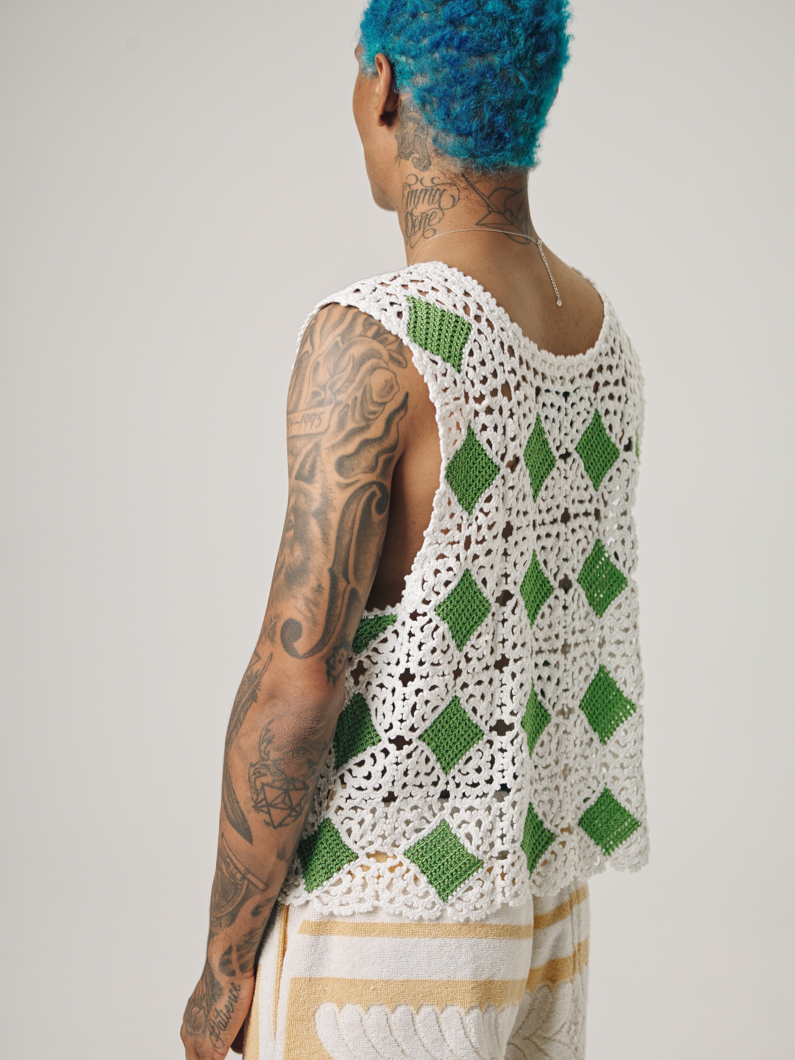 BODE Diamond Crochet Tank - White/Green | Garmentory