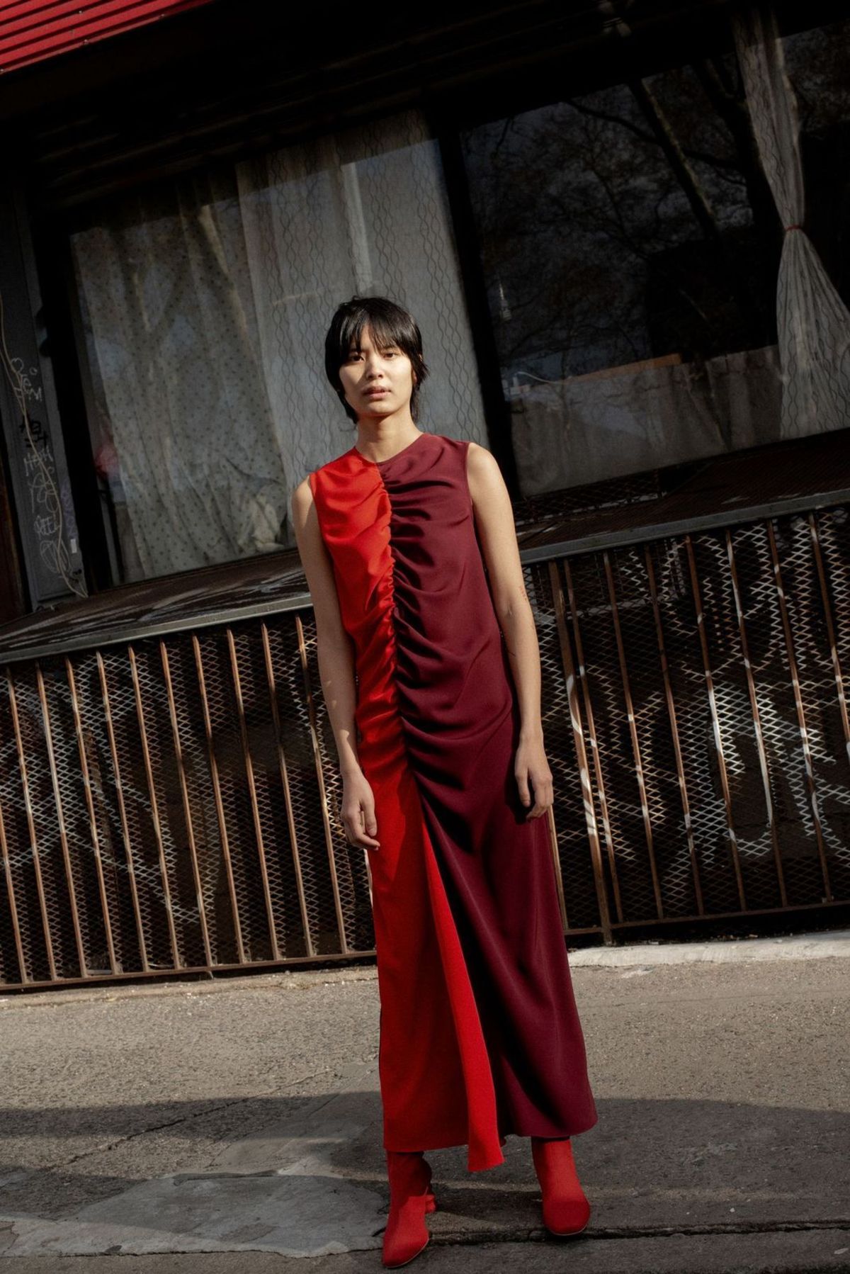 Nomia Gathered Front Dress - Red/Burgundy | Garmentory