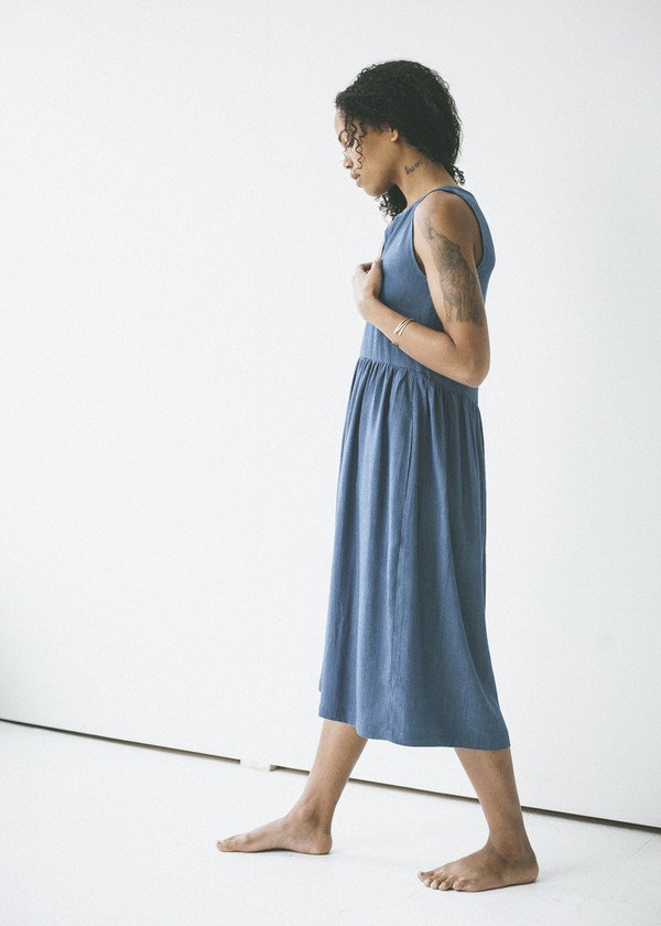 Amanda Moss - Adeline Dress in Pinstripe Blue | Garmentory