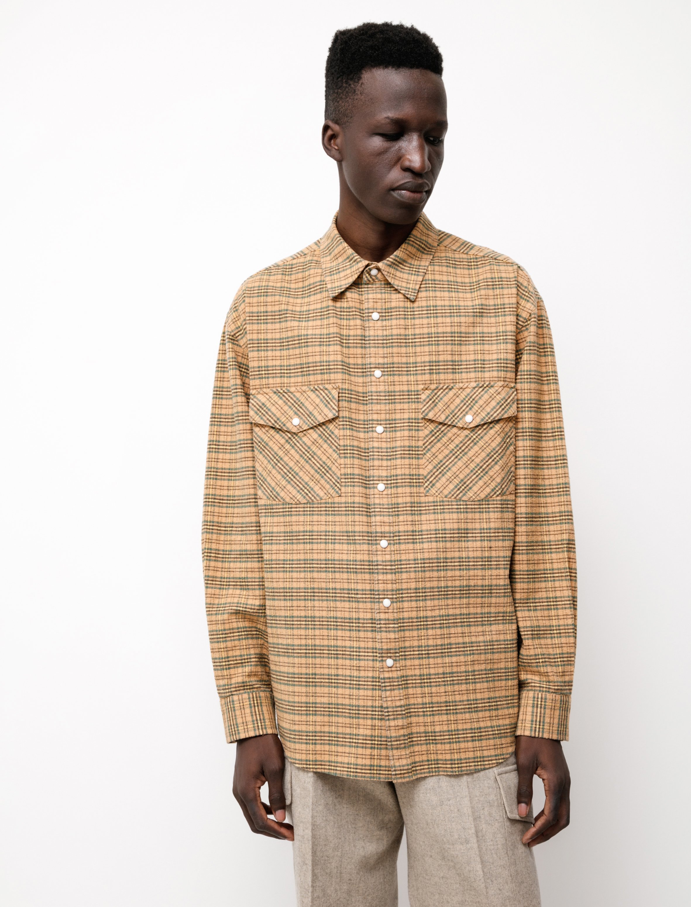 Auralee Silk Cotton Brushed Flannel top - Orange Check | Garmentory