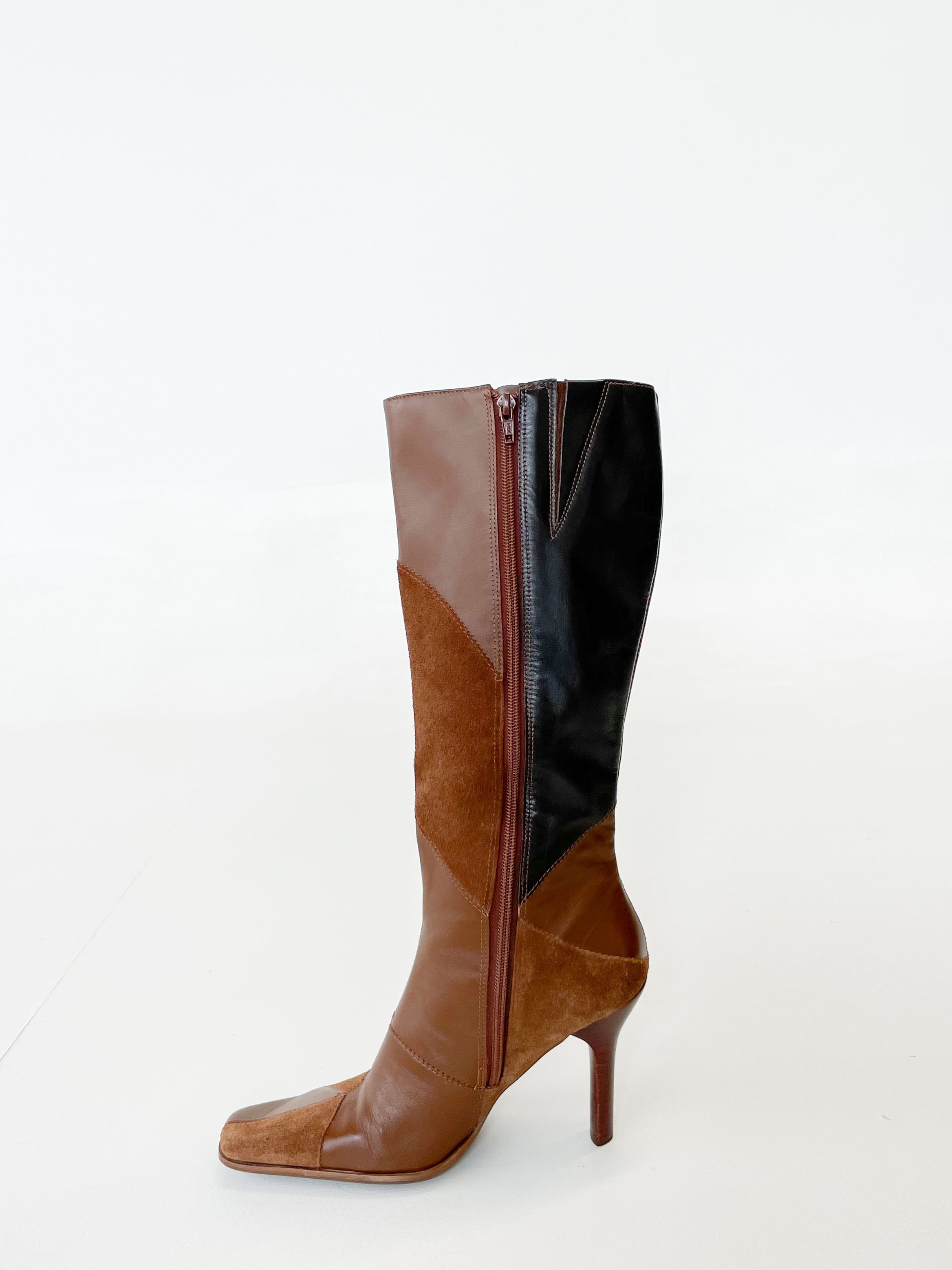 Vintage Leather Patchwork Boots - Brown | Garmentory