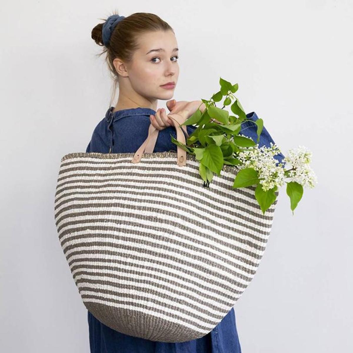 Mifuko Kiondo Large Market Basket - Thin Warm Grey Stripes | Garmentory