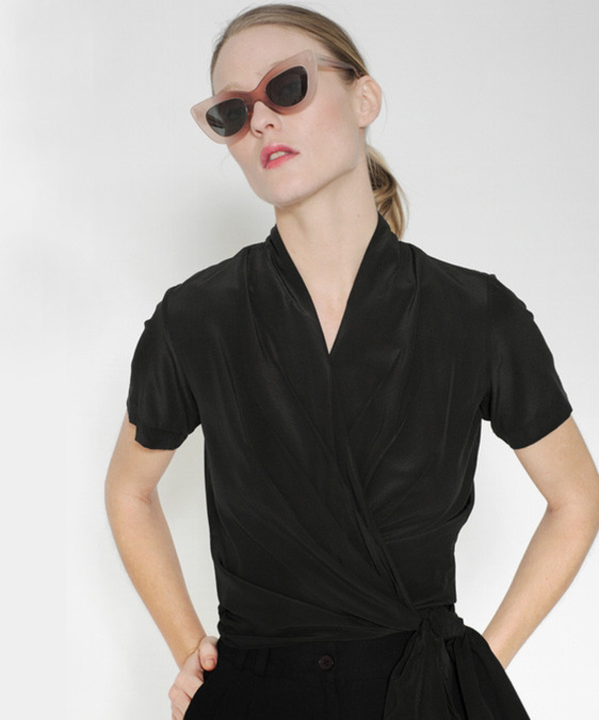 Wray Black Silk Wrap Top | Garmentory