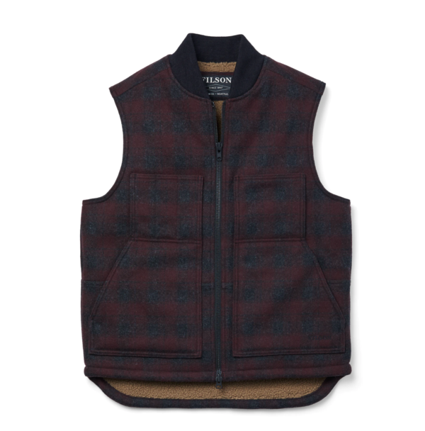 Filson Men's Lined Mackinaw Wool Work Vest - Maroon/Charcoal Plaid ...