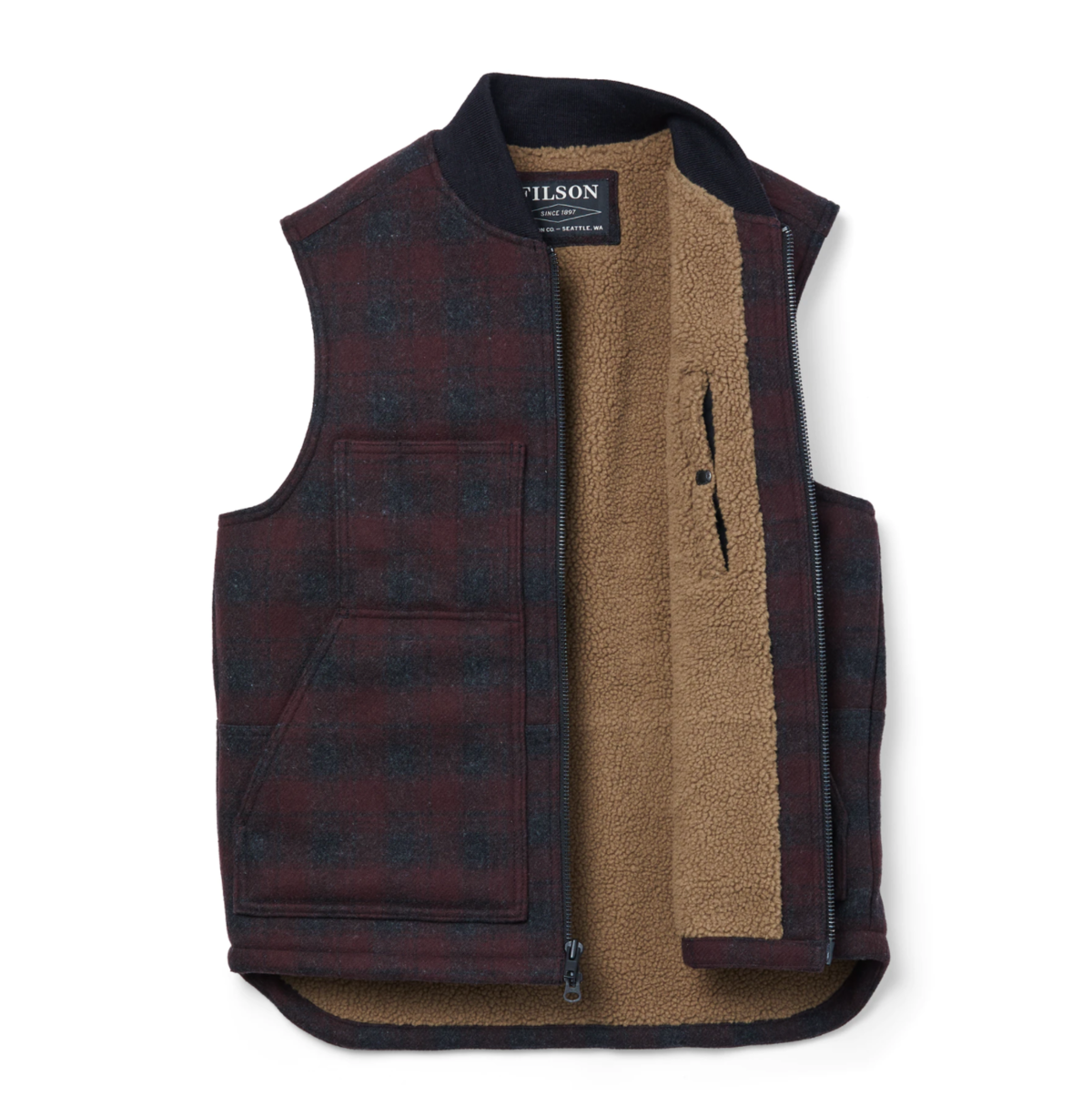 Filson Men's Lined Mackinaw Wool Work Vest - Maroon/Charcoal Plaid ...