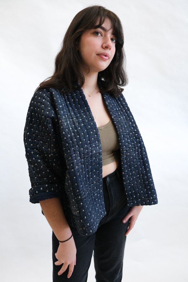 Marigold Row Kantha Quilted Crop Jacket - Indigo | Garmentory
