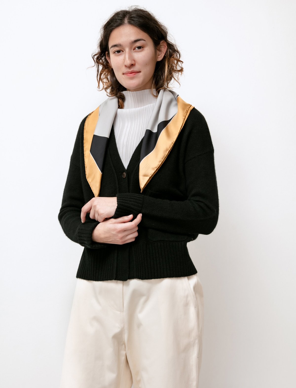 Margaret Howell Outline Border Silk Twill Scarf - Ochre/Silver | Garmentory