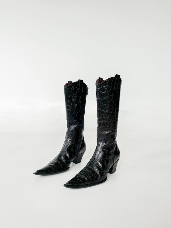 Black Reptile Embossed Pointy Boots (37) | Garmentory