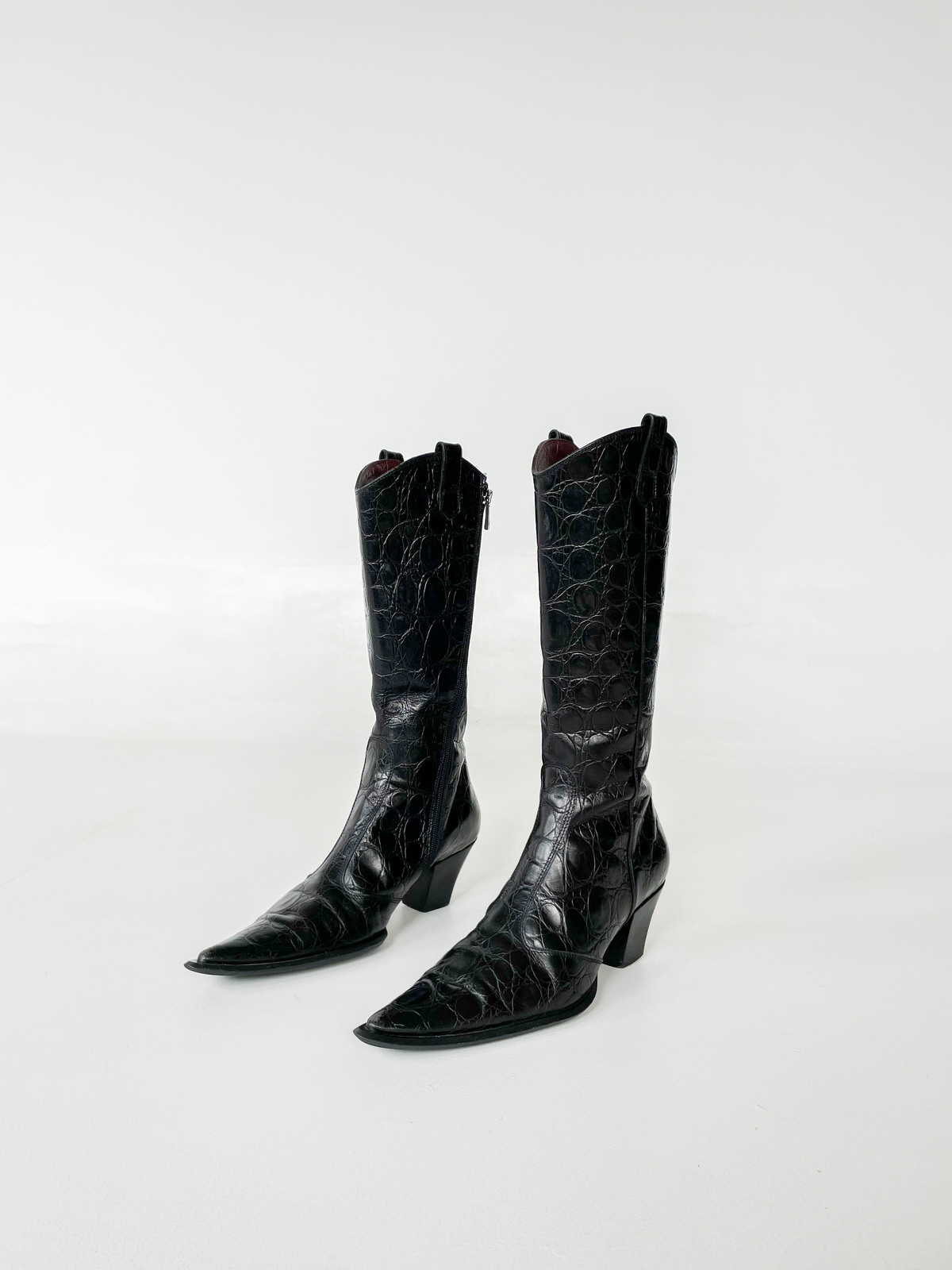 Black Reptile Embossed Pointy Boots (37) | Garmentory