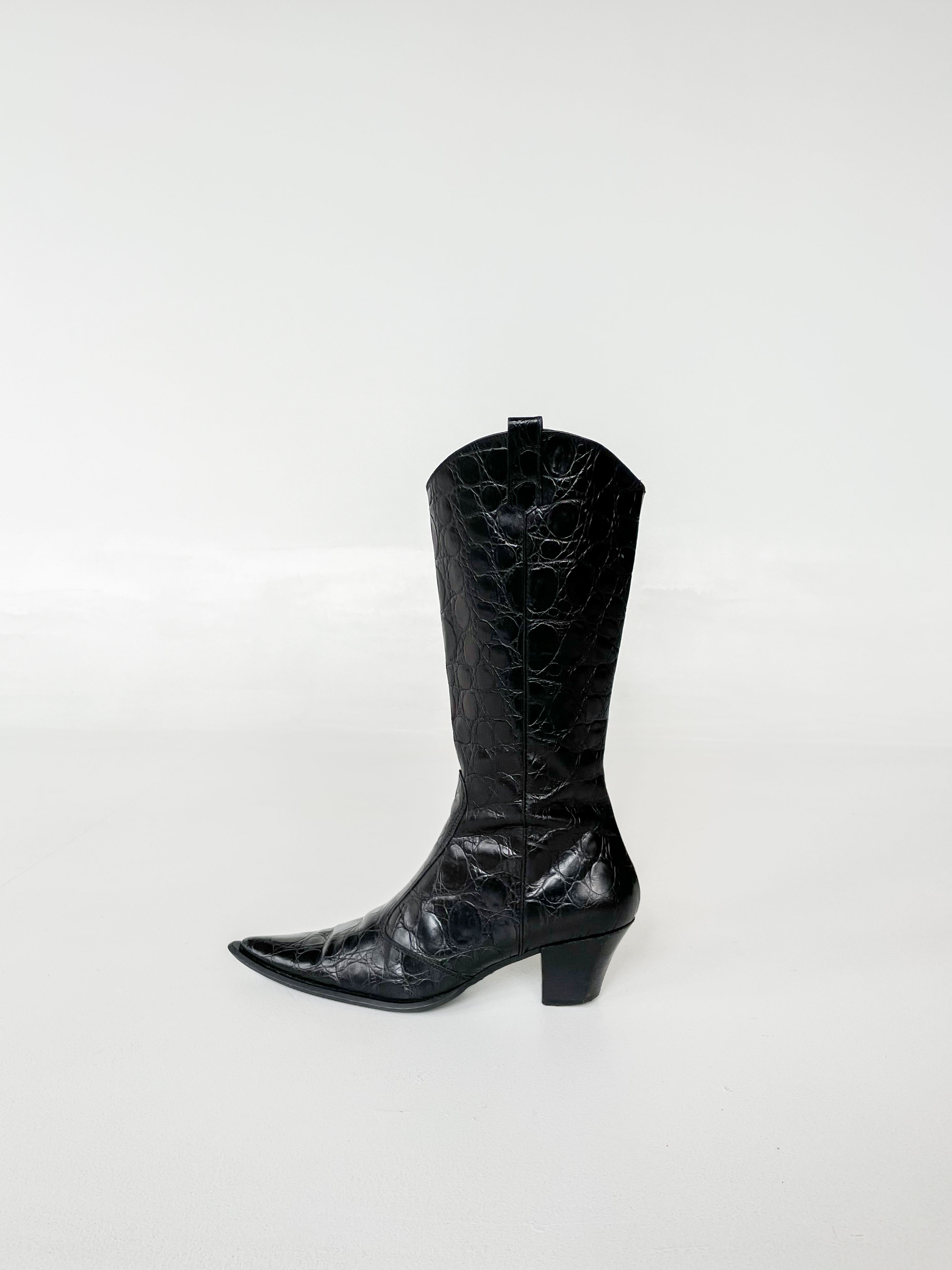 Black Reptile Embossed Pointy Boots (37) | Garmentory