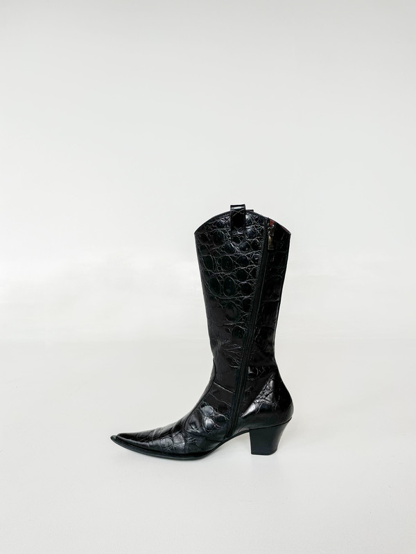 Black Reptile Embossed Pointy Boots (37) | Garmentory