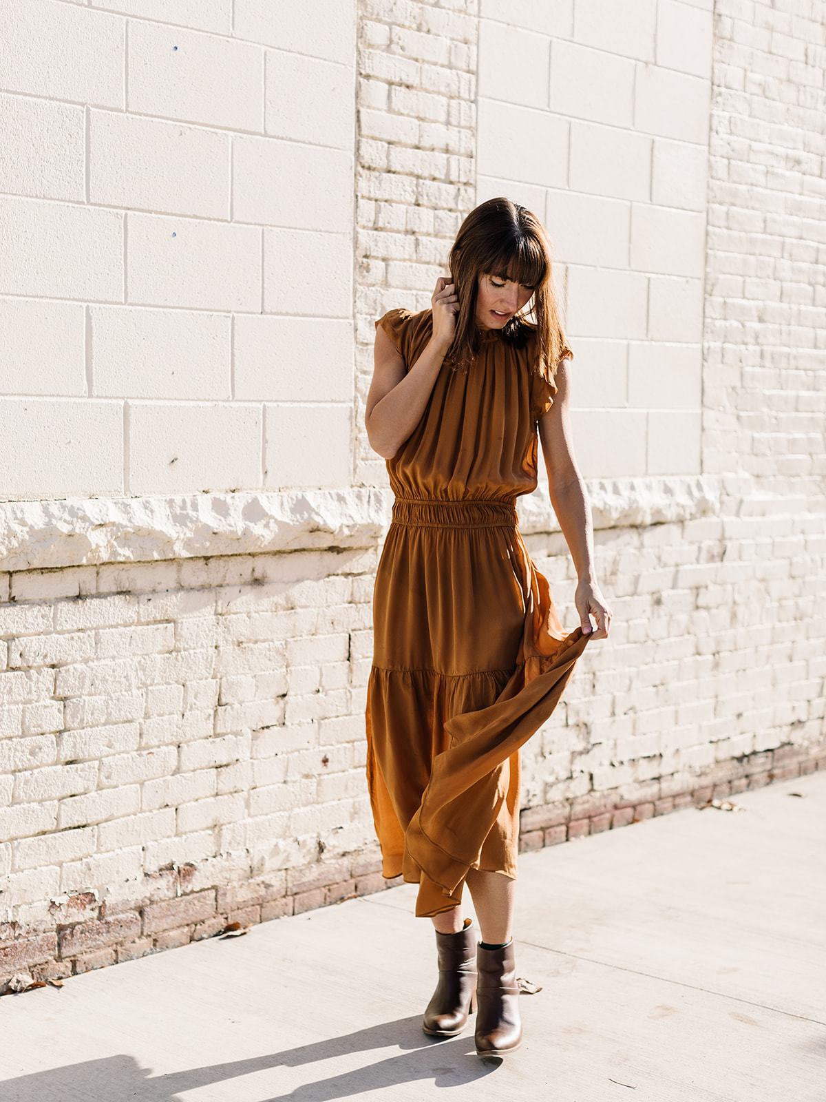 Grade & Gather Ruffle Neck Sheen Dress - Ochre | Garmentory