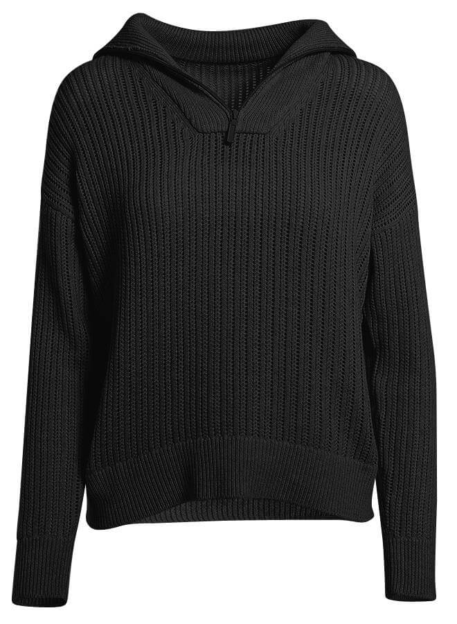 Minnie Rose Cotton Textured L/S Half Zip sweater - Black | Garmentory