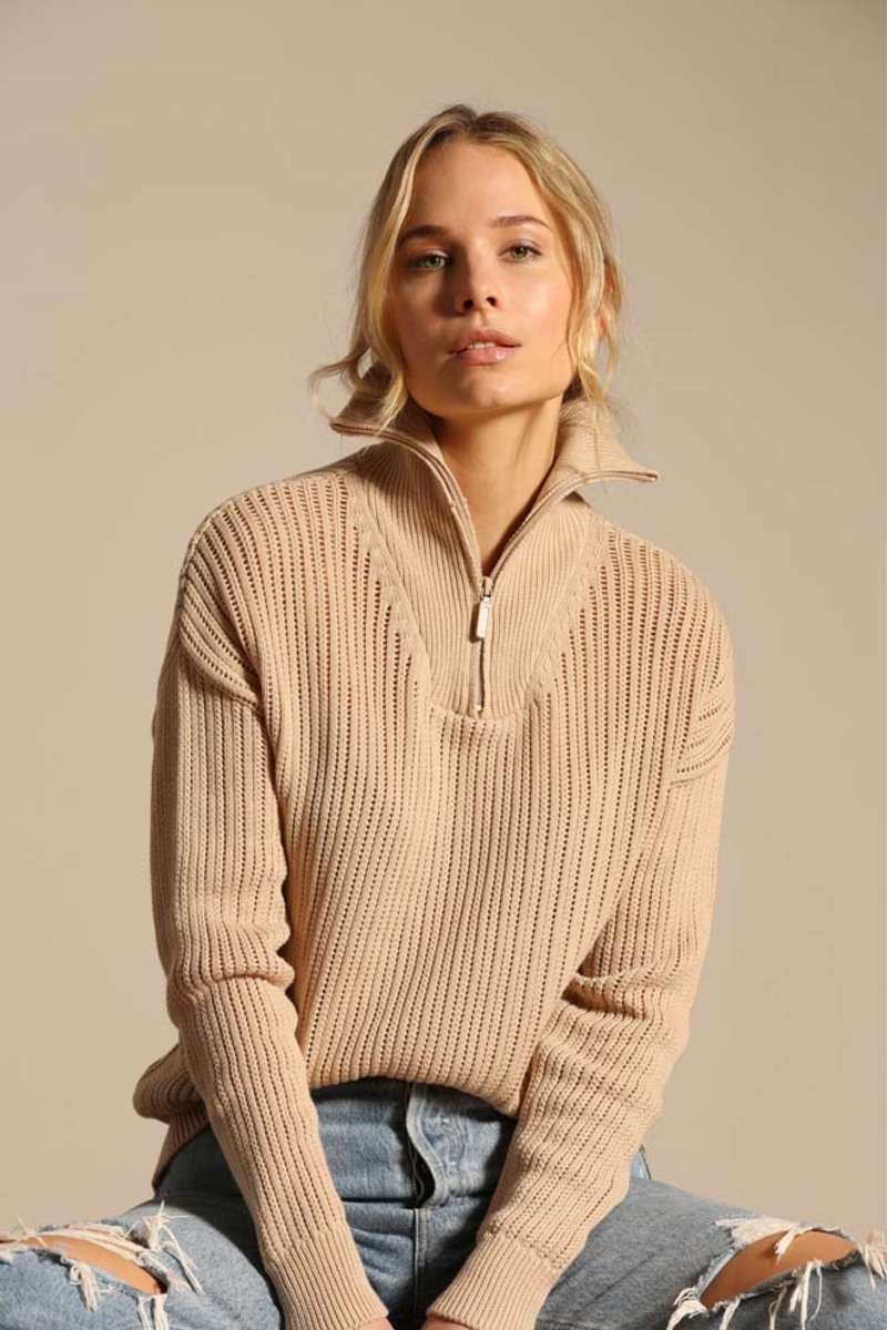 Minnie Rose Cotton Textured L/S Half Zip sweater - Black | Garmentory