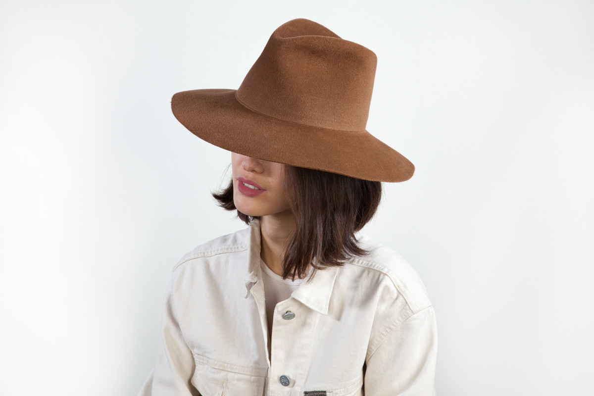 Clyde Wide Brim Pinch Hat in Brandy Angora | Garmentory