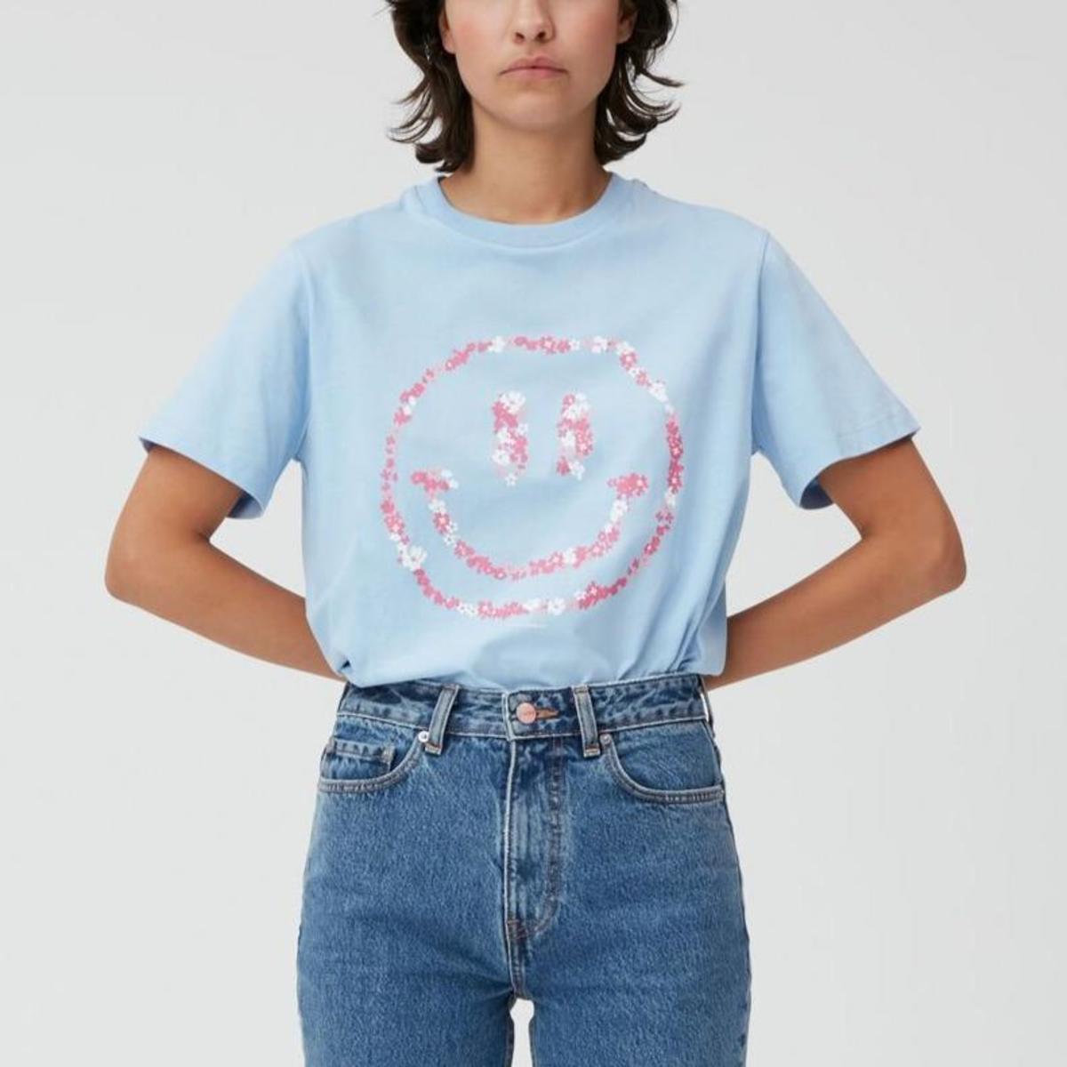Ganni Flower Smiley Tee - Placid Blue | Garmentory