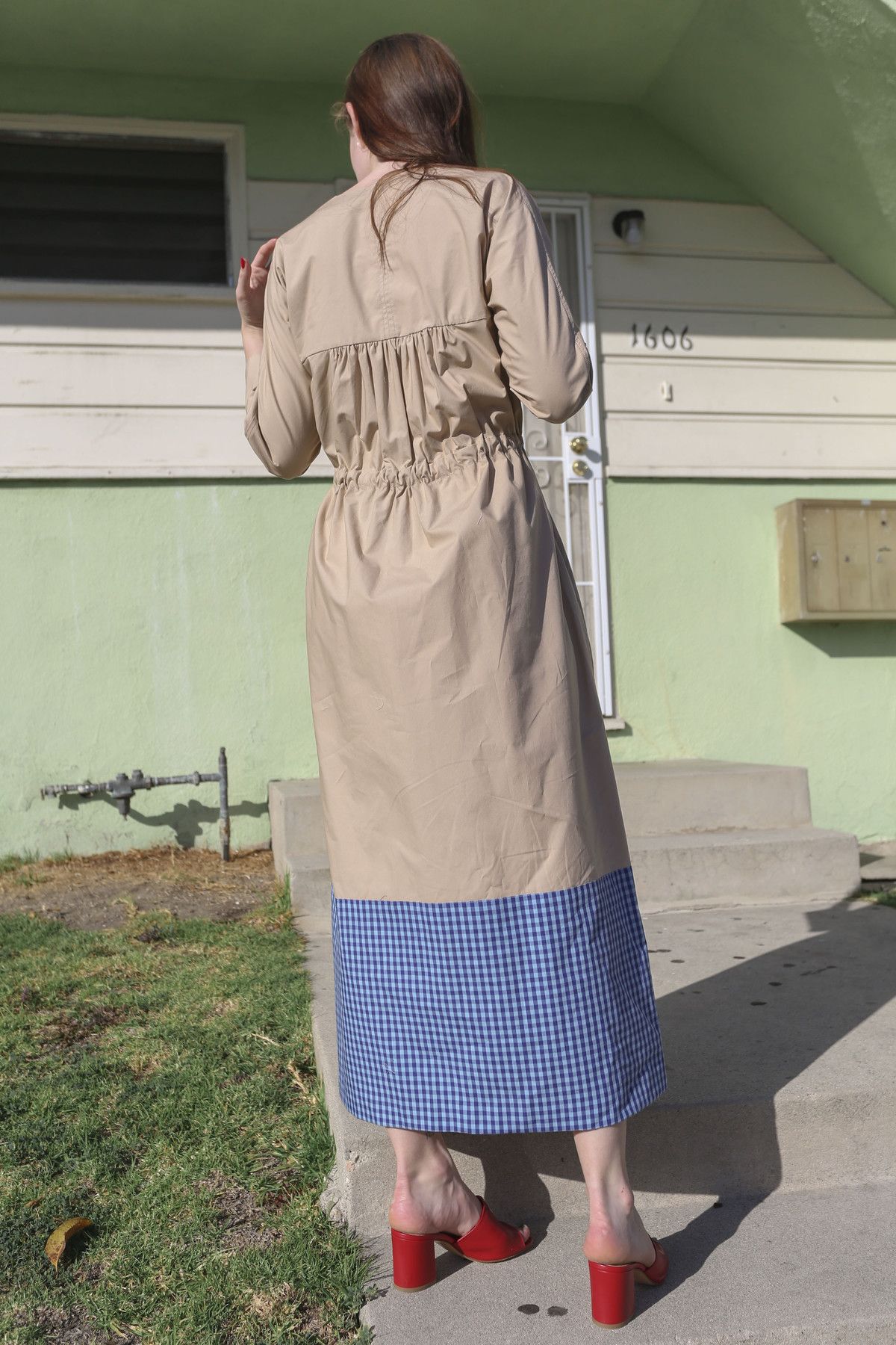 Caron Callahan Ari Dress in Khaki/Blue Gingham Combo | Garmentory