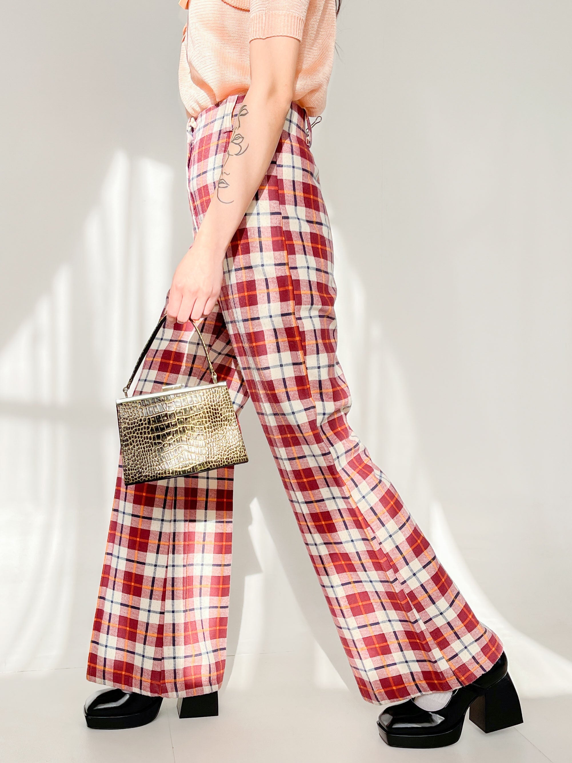 Vintage High Rise Flare Pants - Red Plaid | Garmentory