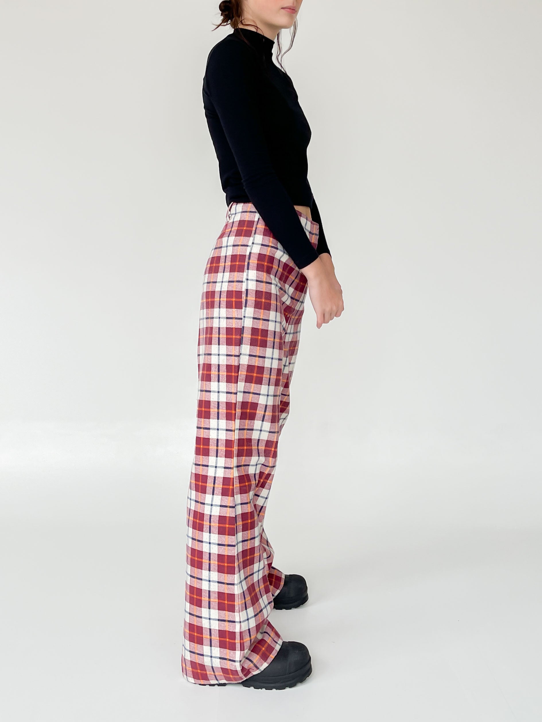 Vintage High Rise Flare Pants - Red Plaid | Garmentory