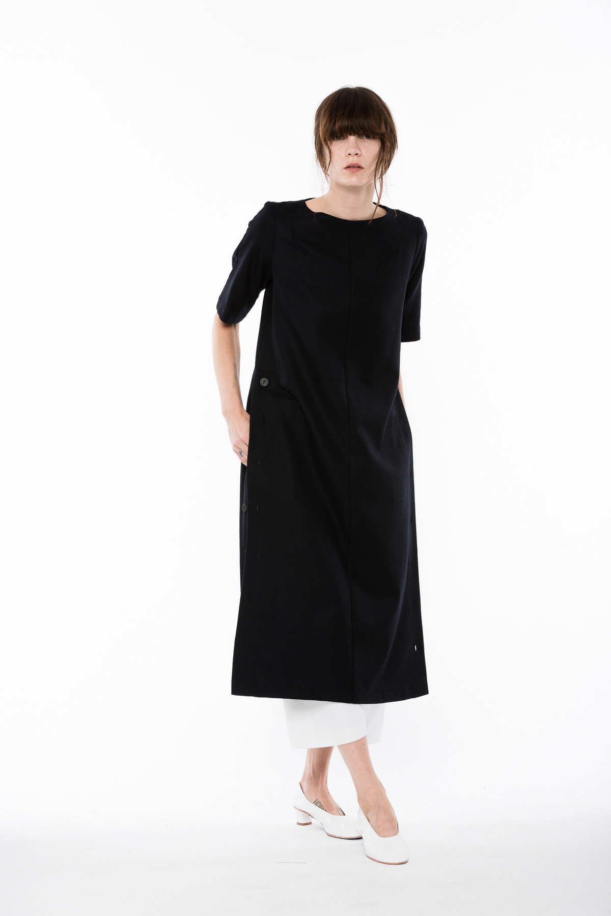 Wolcott : Takemoto Wool Hamlet Dress in Navy and Black | Garmentory