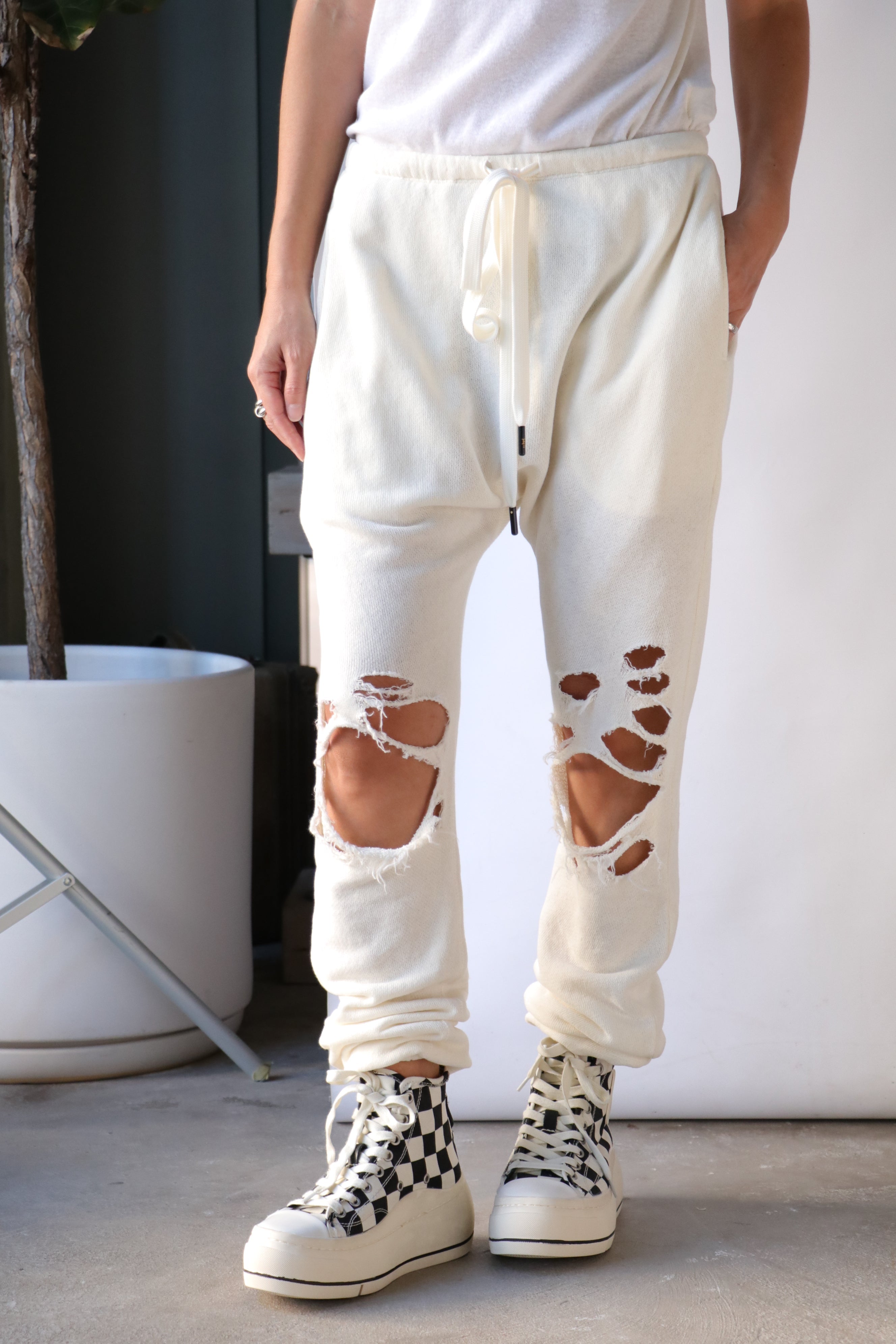 R13 Shredded Knee Dropped Crotch Sweatpant - Ecru | Garmentory