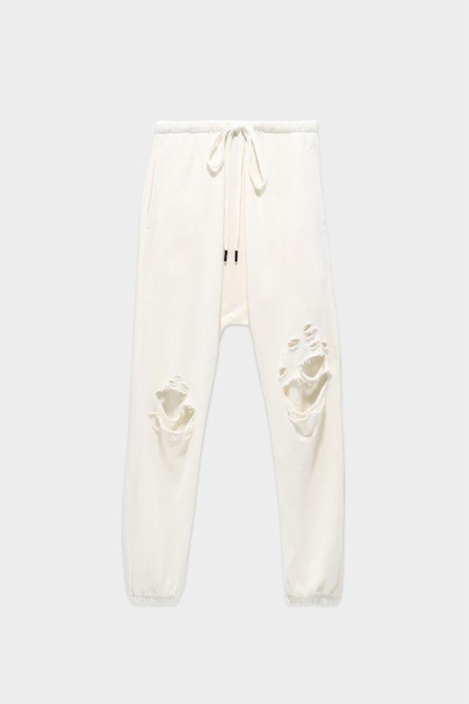 R13 Shredded Knee Dropped Crotch Sweatpant - Ecru | Garmentory