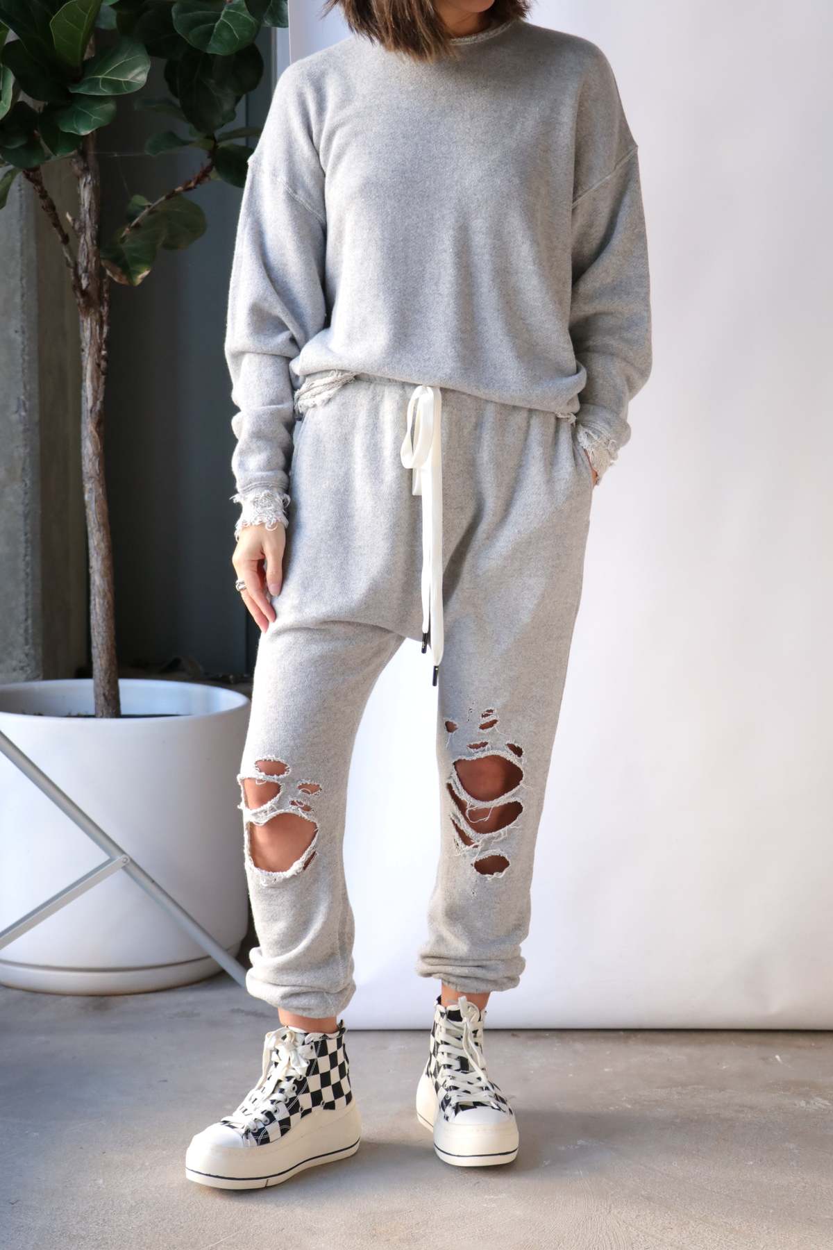 R13 Shredded Knee Dropped Crotch Sweatpant - Heather Grey | Garmentory
