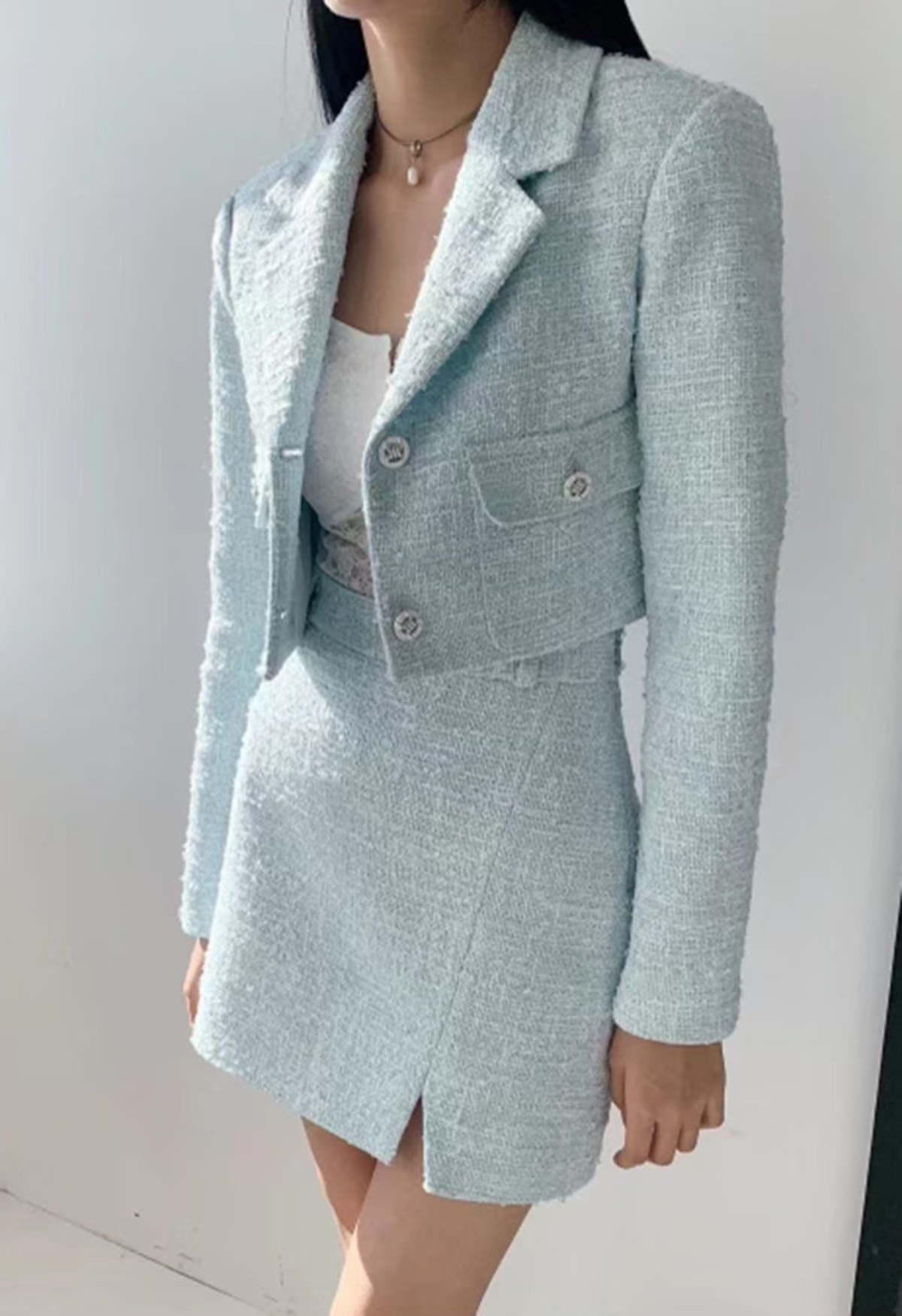 NKC Cropped Jacket - Light Blue Tweed | Garmentory