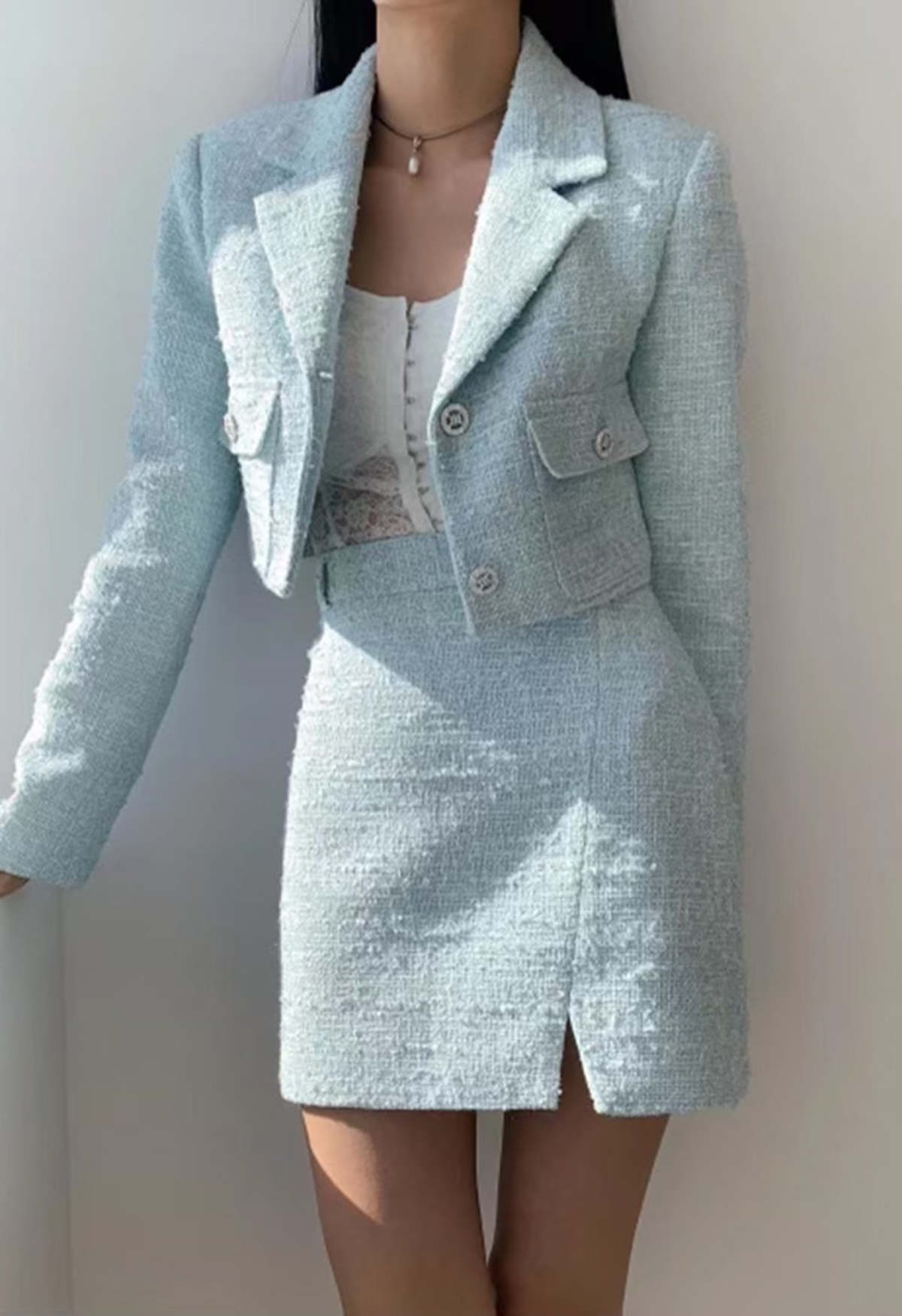 NKC Cropped Jacket - Light Blue Tweed | Garmentory