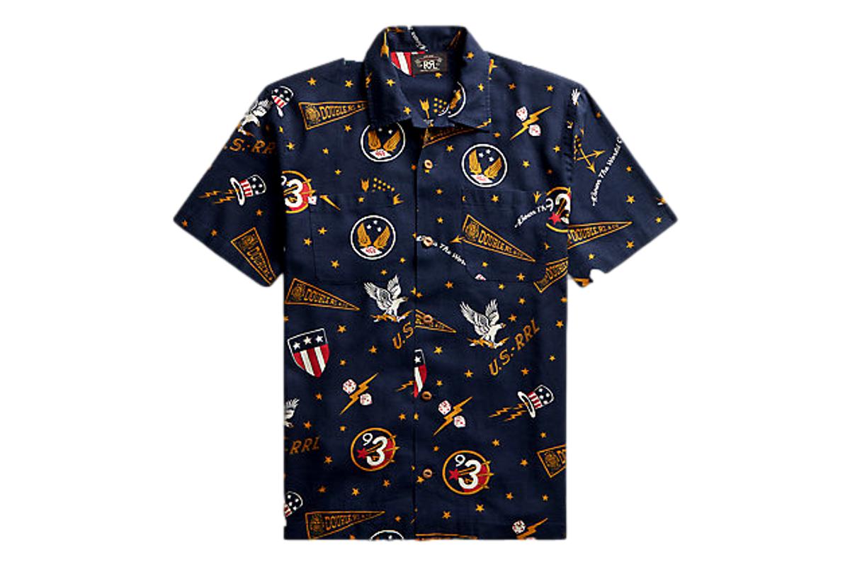 RRL Logo-Print Linen-Blend Camp Shirt - Navy Multi | Garmentory