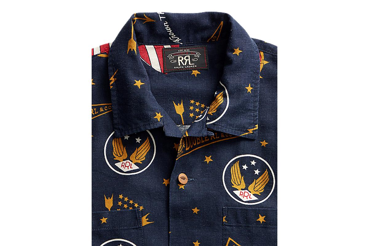 RRL Logo-Print Linen-Blend Camp Shirt - Navy Multi | Garmentory