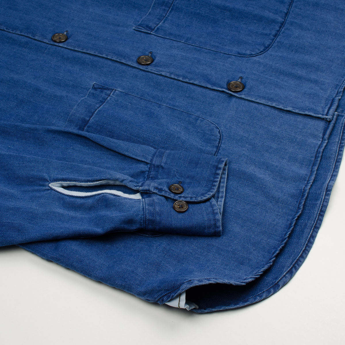 Universal Works Travail Herringbone Denim Shirt - Washed Indigo ...