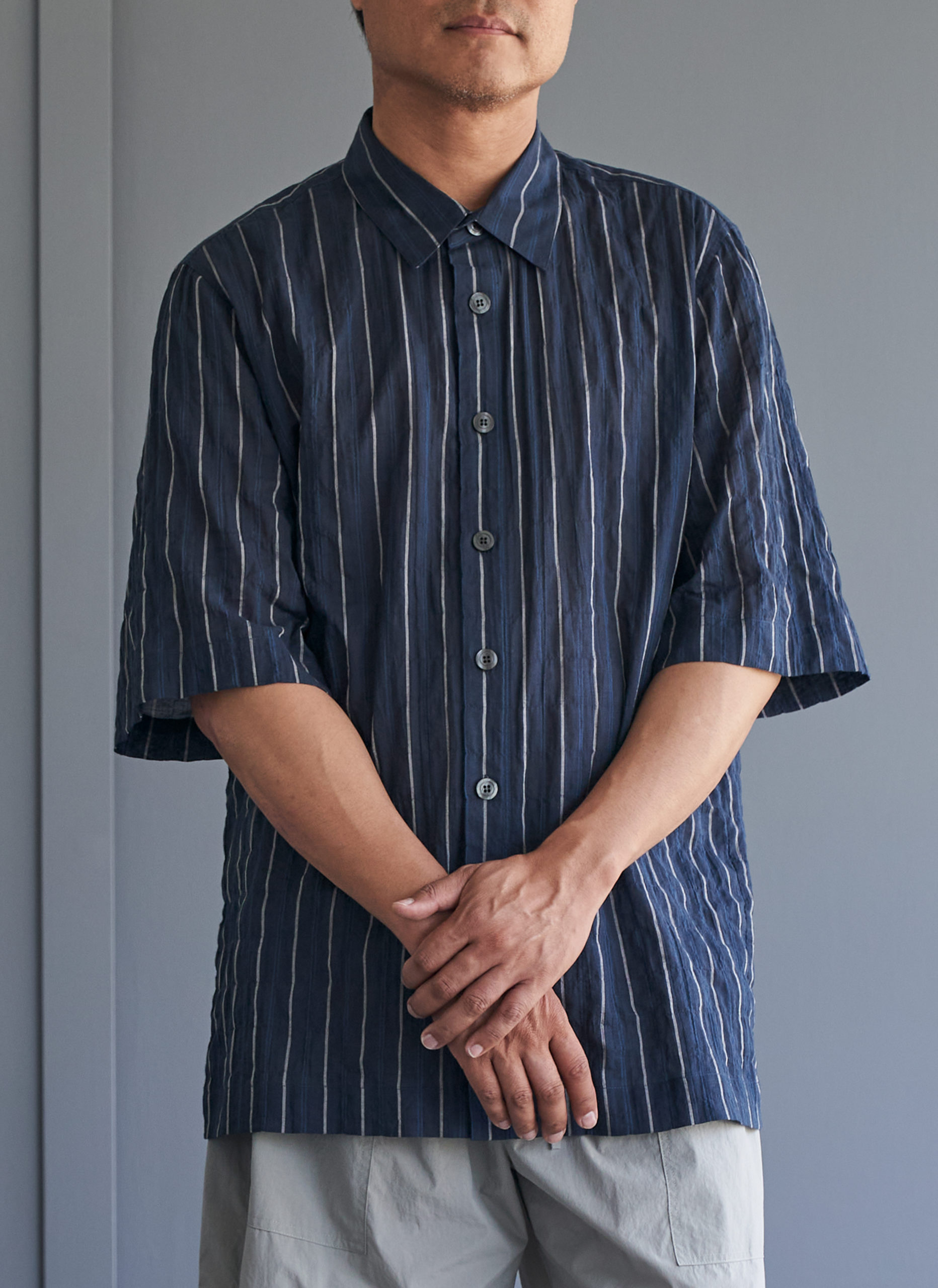 GREI. BOX SHIRT - MIDNIGHT BLUE STRIPE | Garmentory