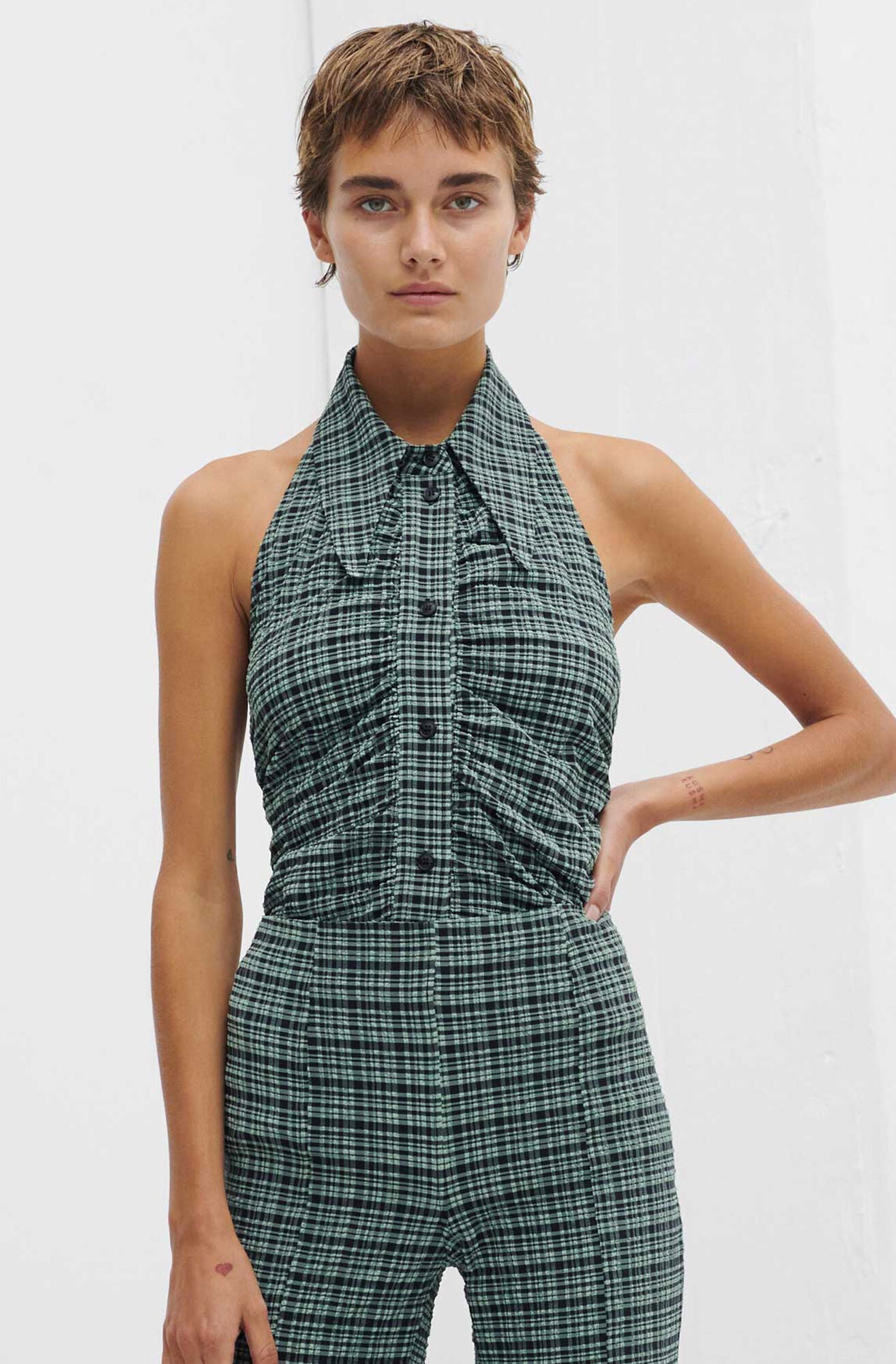 Ganni Stretch Seersucker Button Up Halter Top - Mini Check Green Bay ...