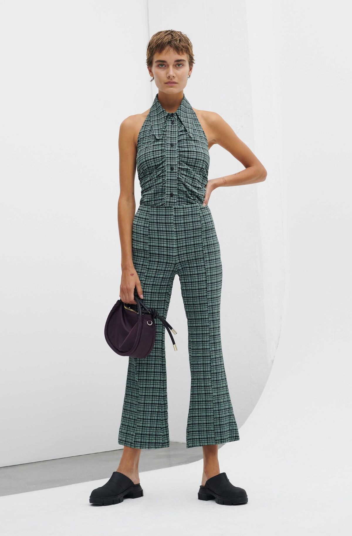 Ganni Stretch Seersucker Button Up Halter Top - Mini Check Green Bay ...