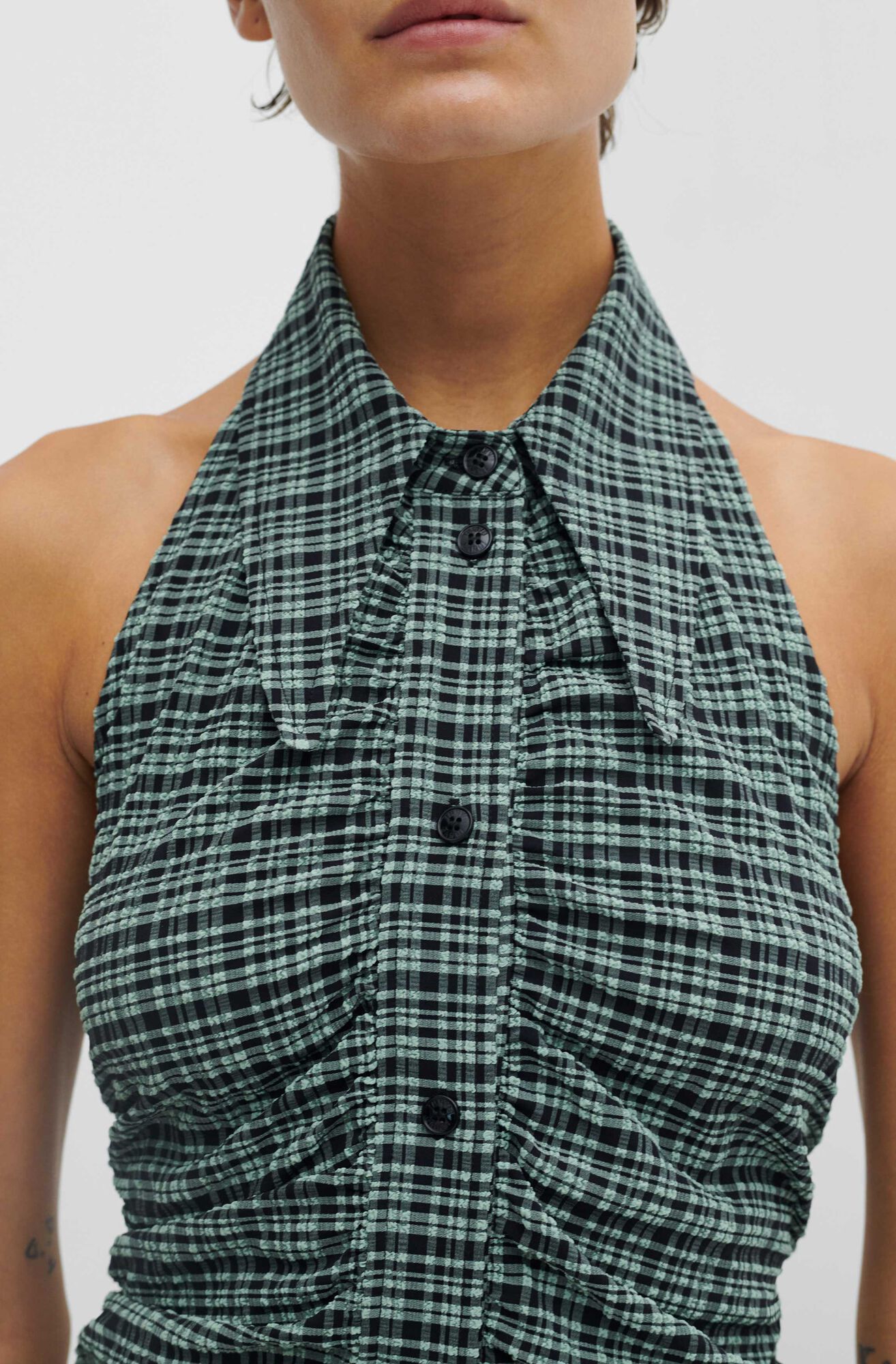 Ganni Stretch Seersucker Button Up Halter Top - Mini Check Green Bay ...