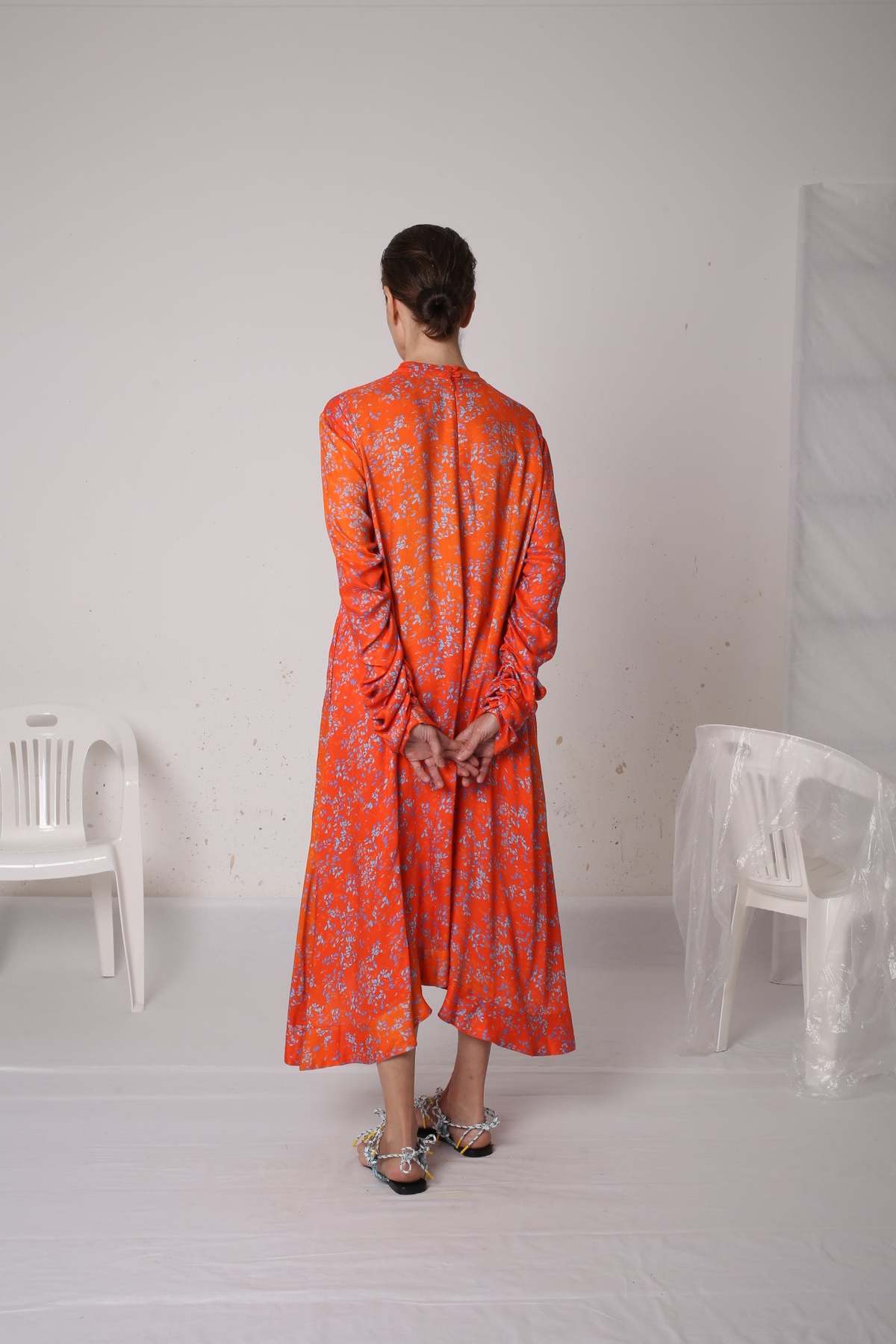 InShade Flared Dress with Stand up Collar and Draped Sleeves - Orange ...