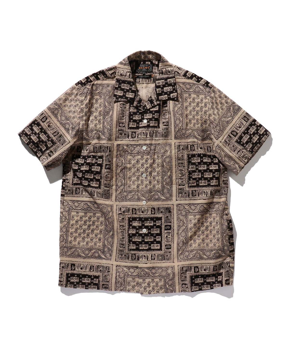 Beams Plus Open Collar Short Sleeve Shirt - Block Print Elephant/Black ...