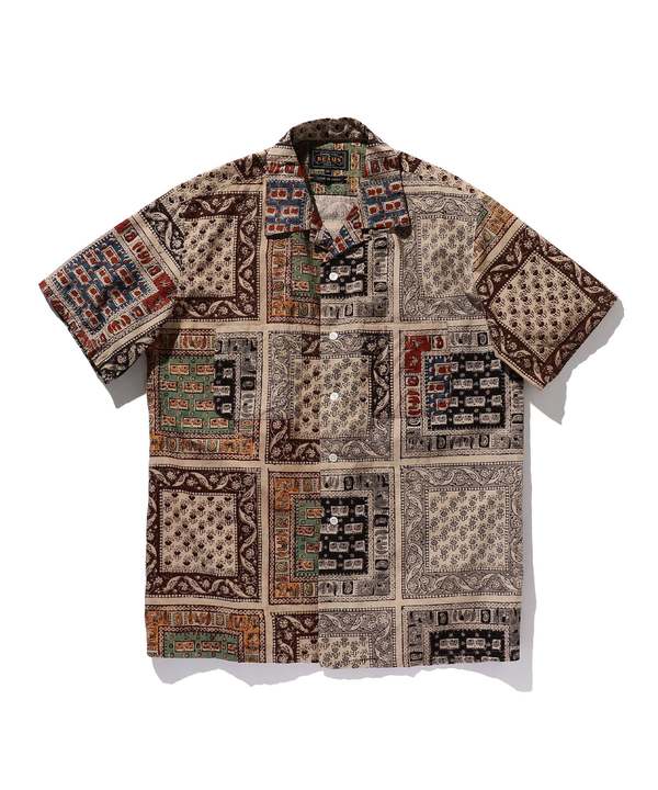 Beams Plus Open Collar Short Sleeve - Block Print Elephant/Panel ...